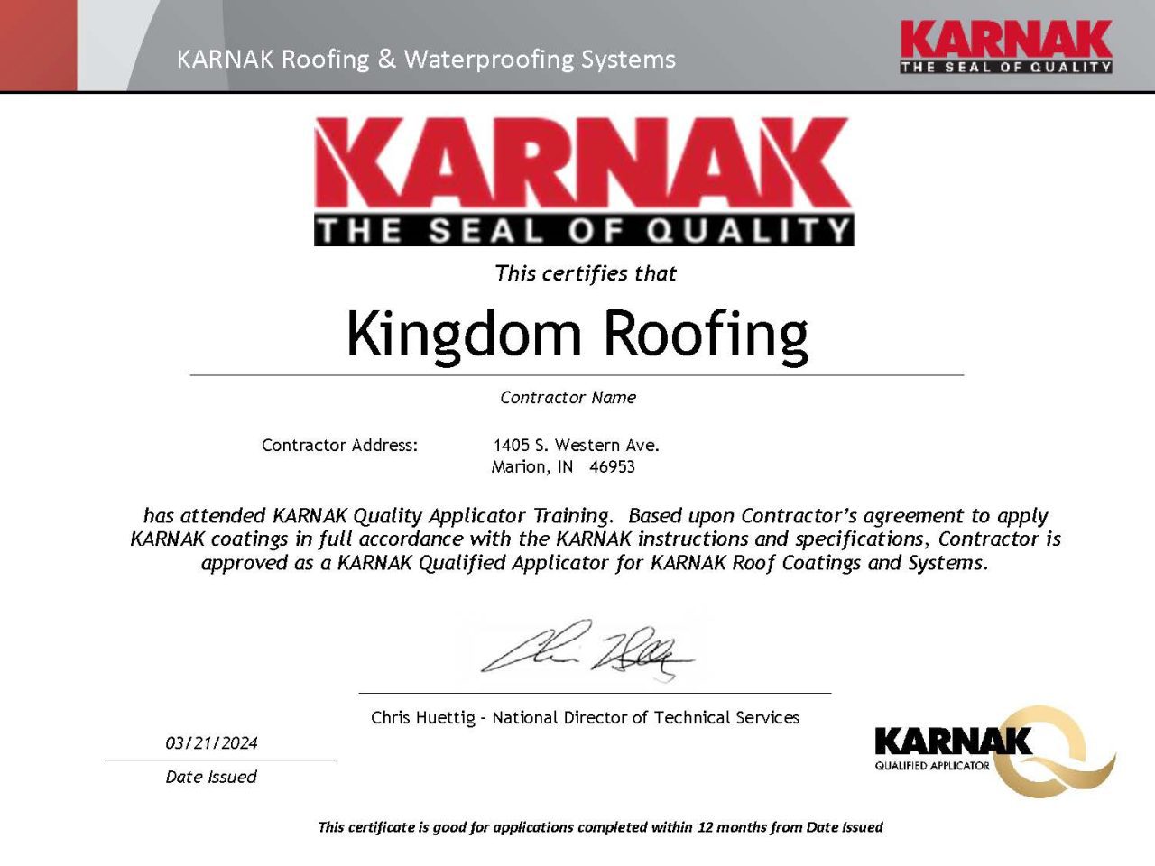 Awards and Cerificates | Kingdom Roofing Systems